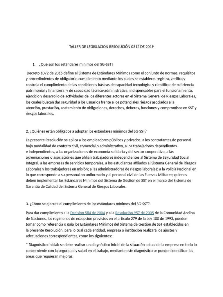 Taller de Legislacion Resolución 0312 de 2019 | PDF | Derecho laboral | Seguridad y salud ...