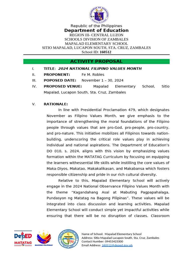 Activity Proposals NATIONAL FILIPINO VALUES MONTH 2024 | PDF | Behavior ...