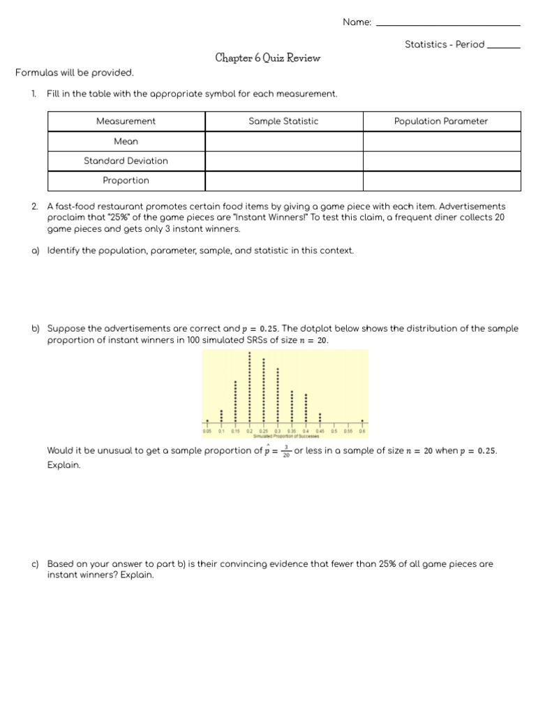 Chapter 6 Quiz Review | PDF | Bias Of An Estimator | Standard Deviation