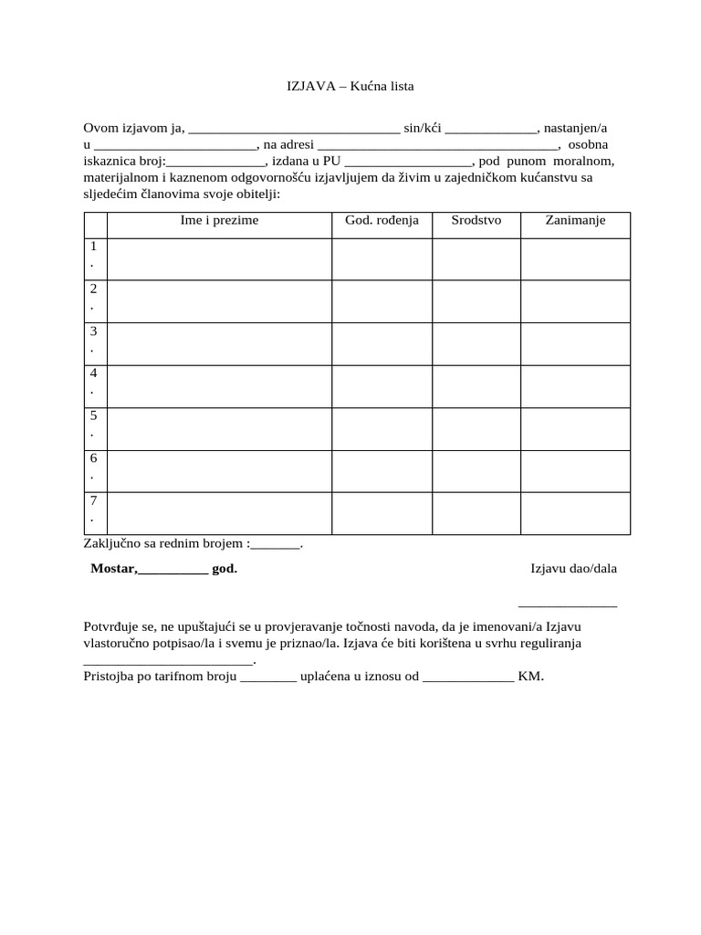 Izjava Kucna Lista | PDF