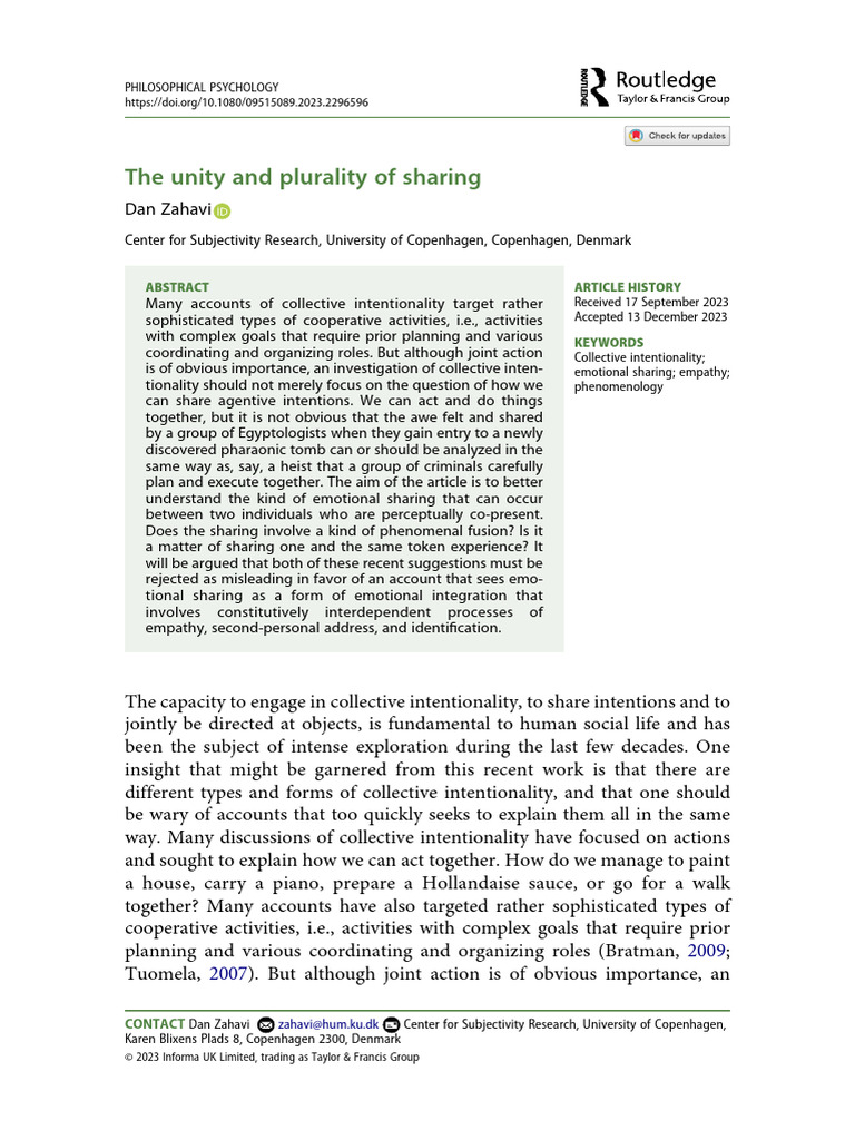 The Unity and Plurality of Sharing: Dan Zahavi | PDF | Experience ...