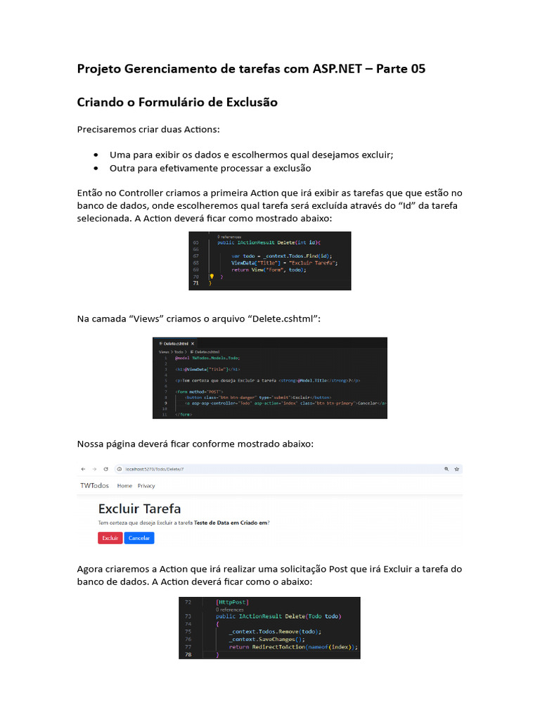 Aula 30 - Projeto Gerenciamento de Tarefas Com ASP NET - Criando A Pagina de Exclusão | PDF