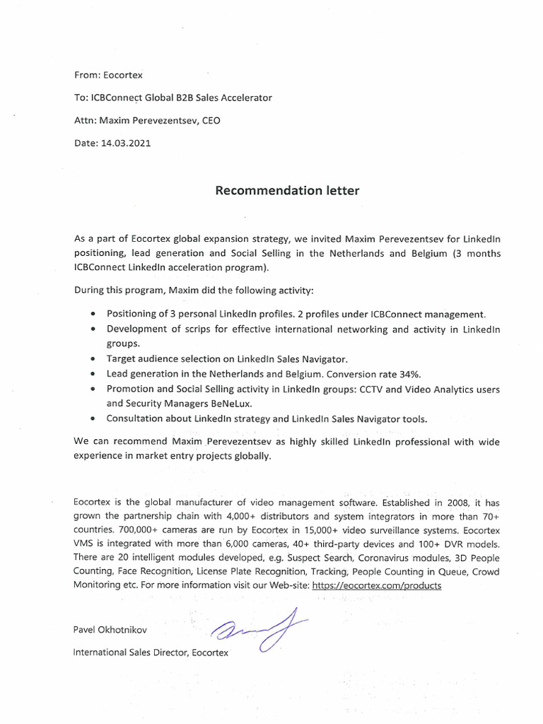 Eocortex - Perevezentsev - Recommendation. LinkedIn | PDF