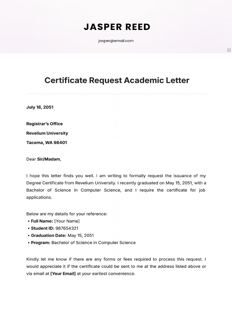 Free Certificate Request Academic Letter Template - Edit Online ...