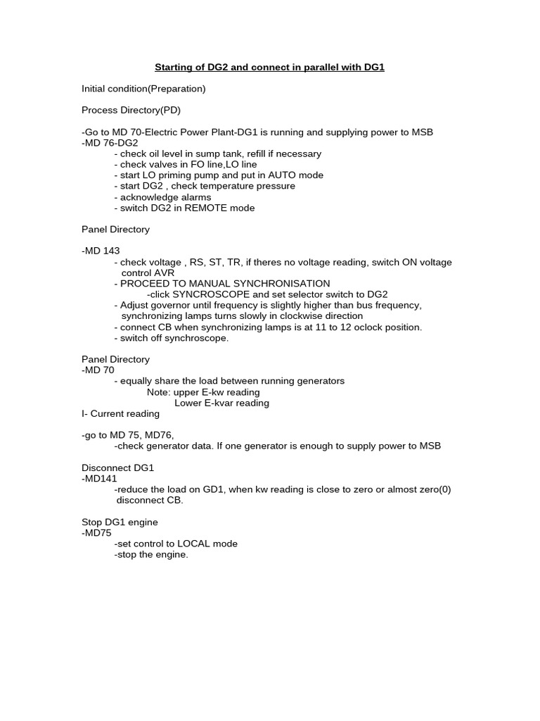 Starting of DG2 and Connect in Parallel With DG1 | PDF