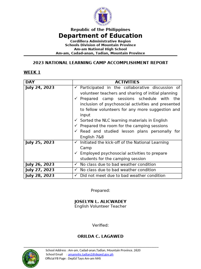 NLC - wk1 - Teacher's - Accomp. Report | PDF