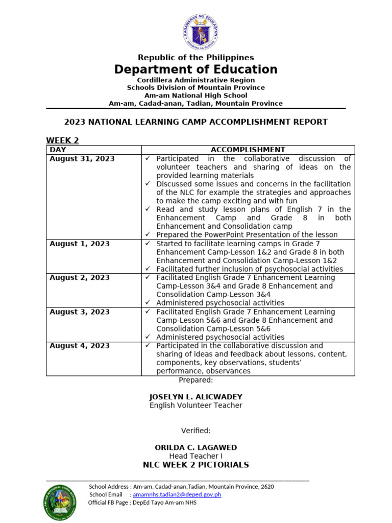 NLC - wk2 - Teacher's - Accomp. Report | PDF | Behavior Modification | Learning