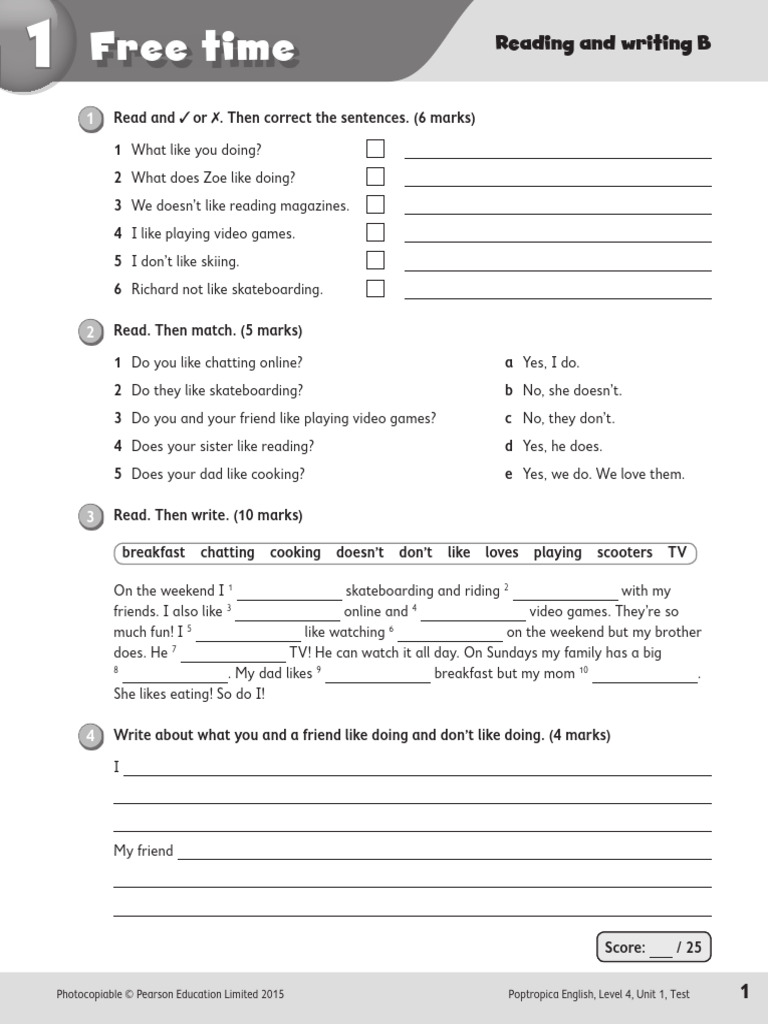 Unit 1 Test: Free Time Activities | PDF