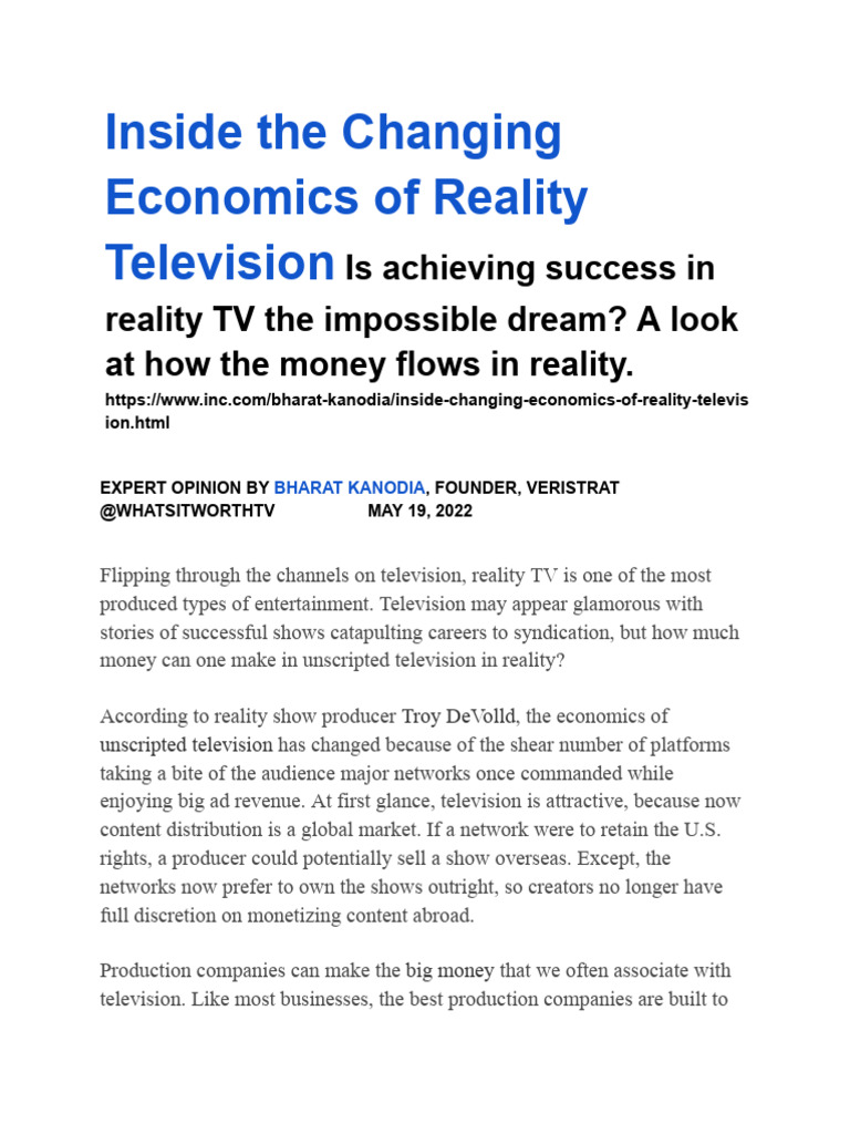 Inc - Inside The Changing Economics of Reality Television | PDF ...