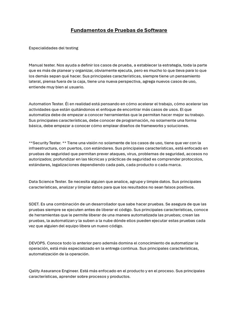 Especialidades en Pruebas de Software | PDF | Software | Pruebas de ...