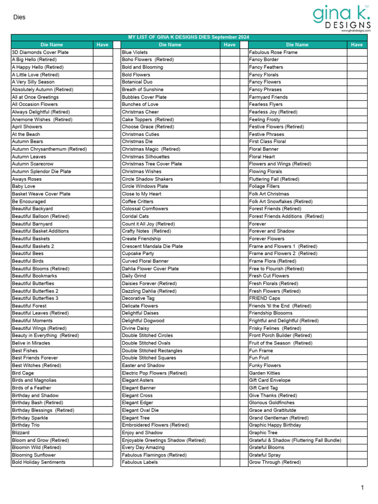Gina K Designs Dies Checklist September 2024 | PDF | Technology ...