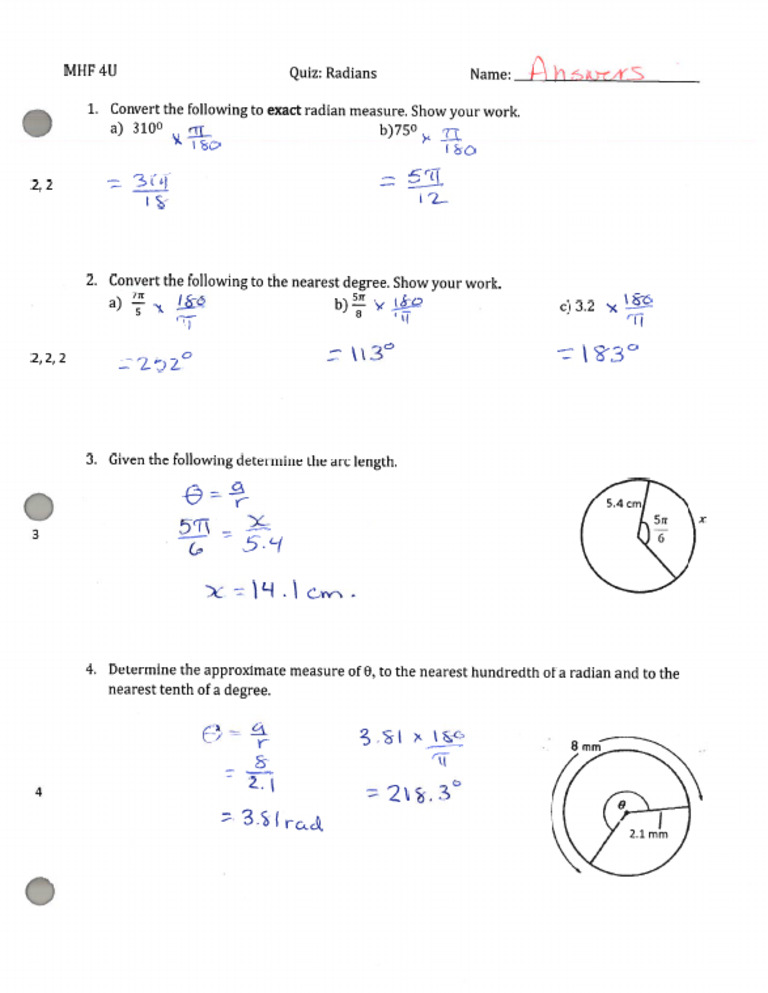 Quiz Radian Measures Nov 2024 Answers | PDF