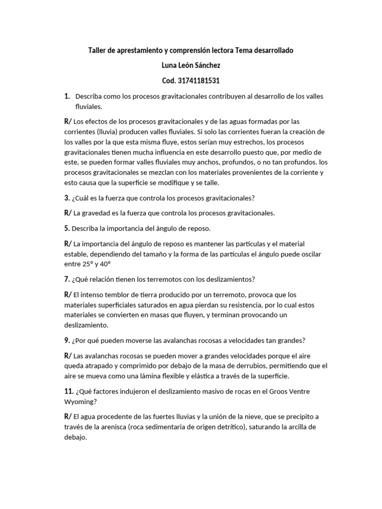 Taller de aprestamiento y comprensión lectora Tema desarrollado | PDF | Barro | Temblores