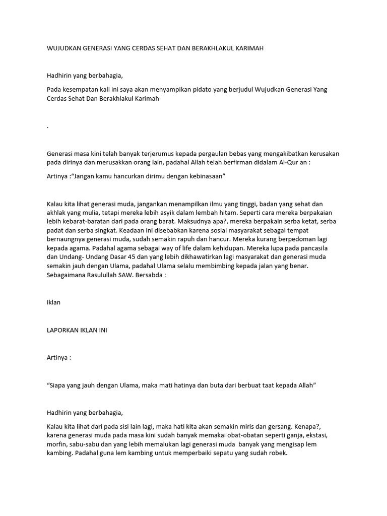 Mewujudkan Generasi Muda Yang Cerdas, Sehat, Dan Berakhlak Mulia | PDF