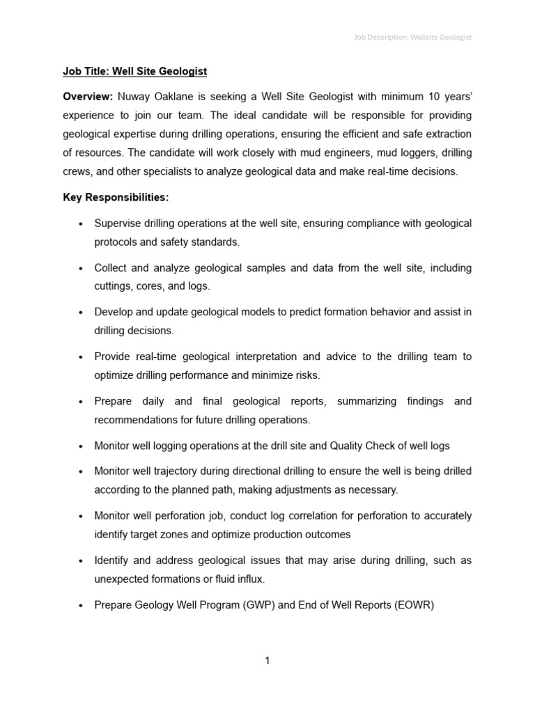 Wellsite Geologist Job Opening | PDF | Science & Mathematics ...