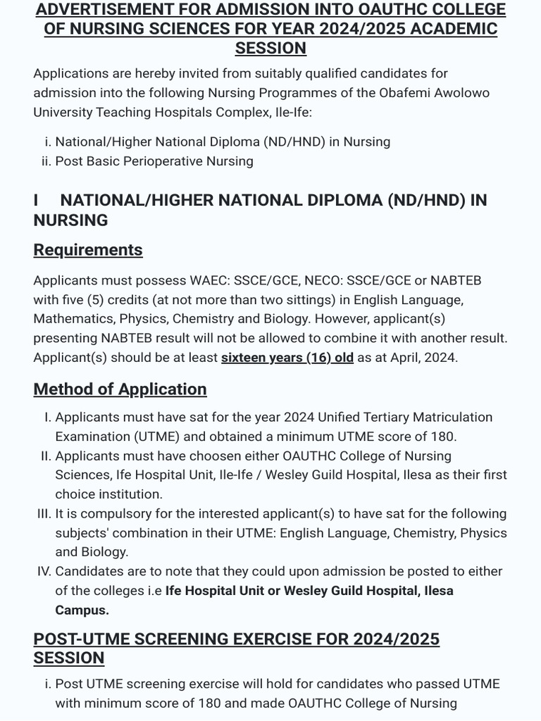 Admission Into OAUTHC College of Nursing Sciences OAUTHC | PDF ...