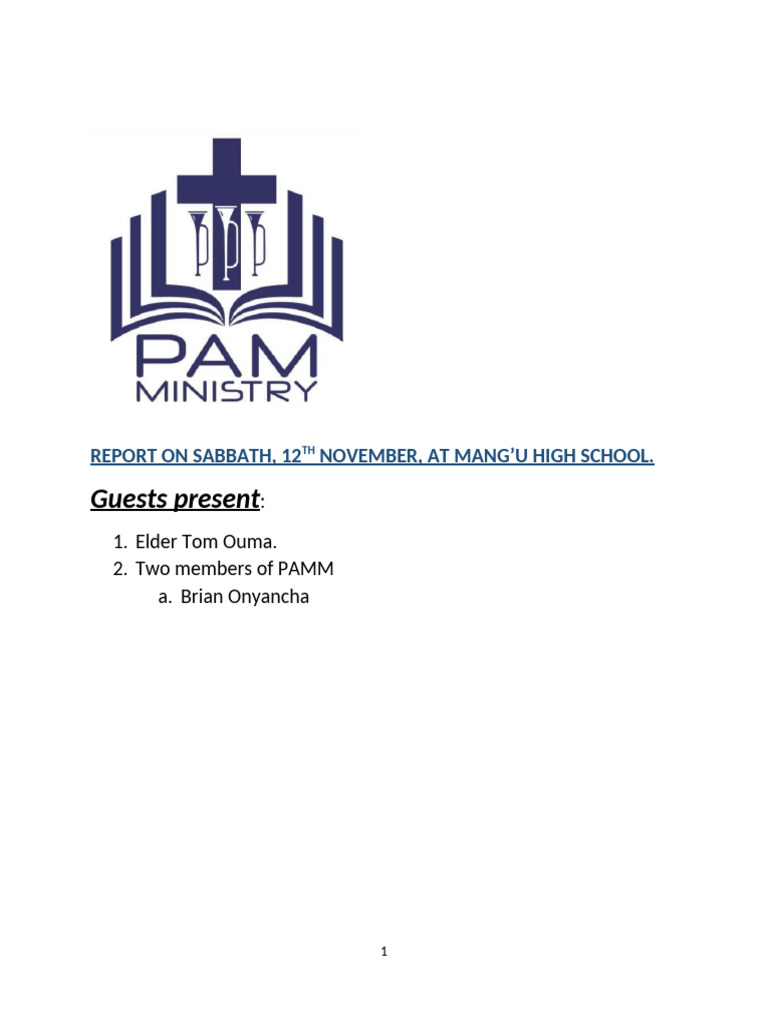 Report On Sabbath, 12th November, at Mang'u High School | PDF ...