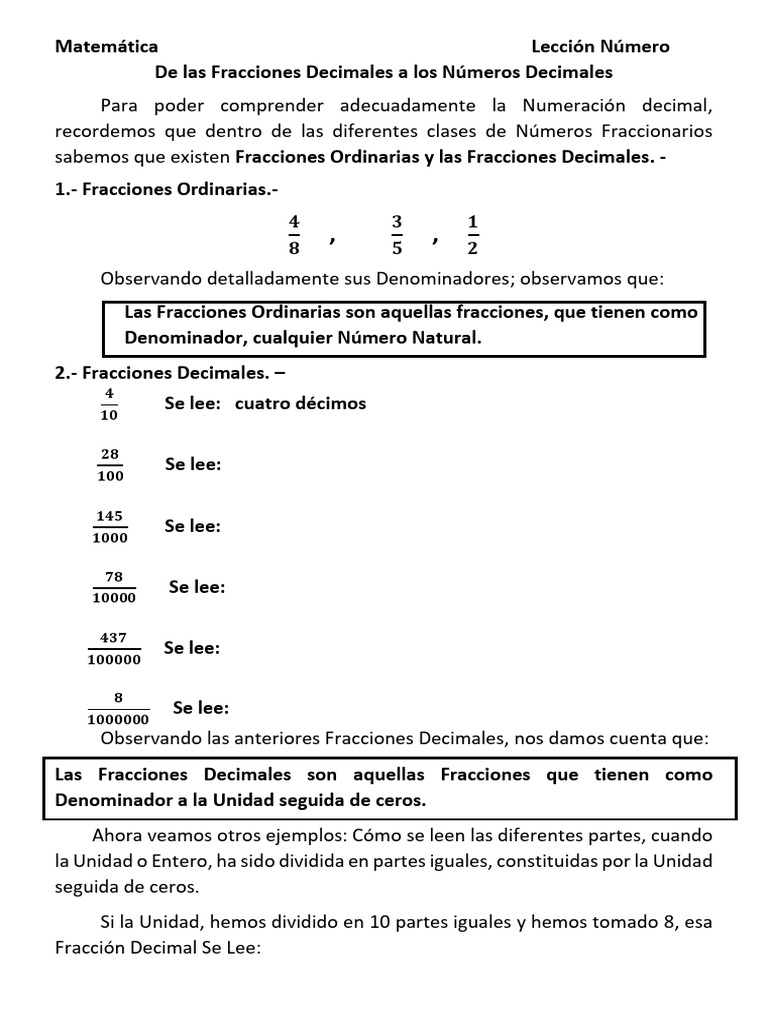 Lección Número de Las Fracciones Decimales A Los Números Decimales ...