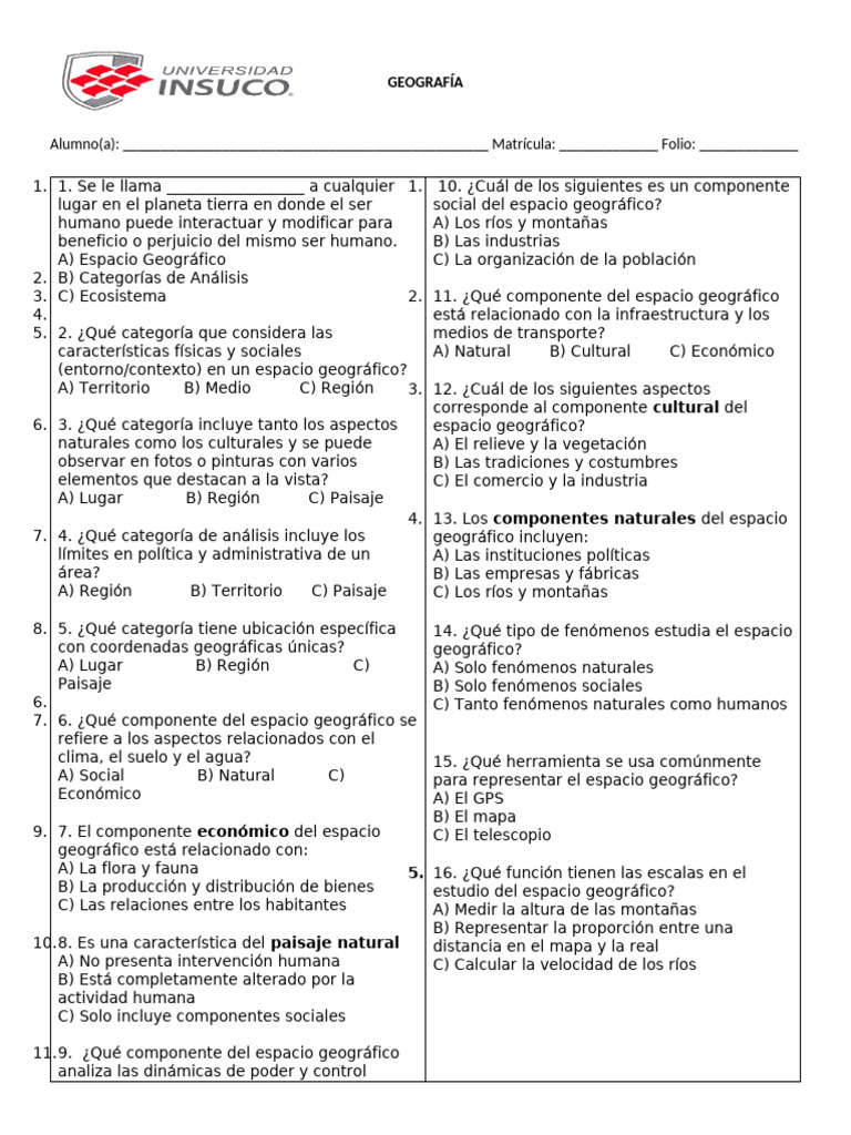 Examen de Geografía | PDF | Geografía | Paisaje