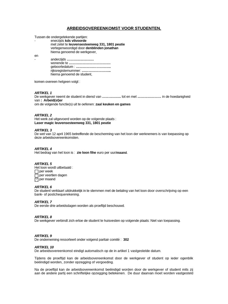 Sjabloon Studentenovereenkomst Blanco 2 | PDF