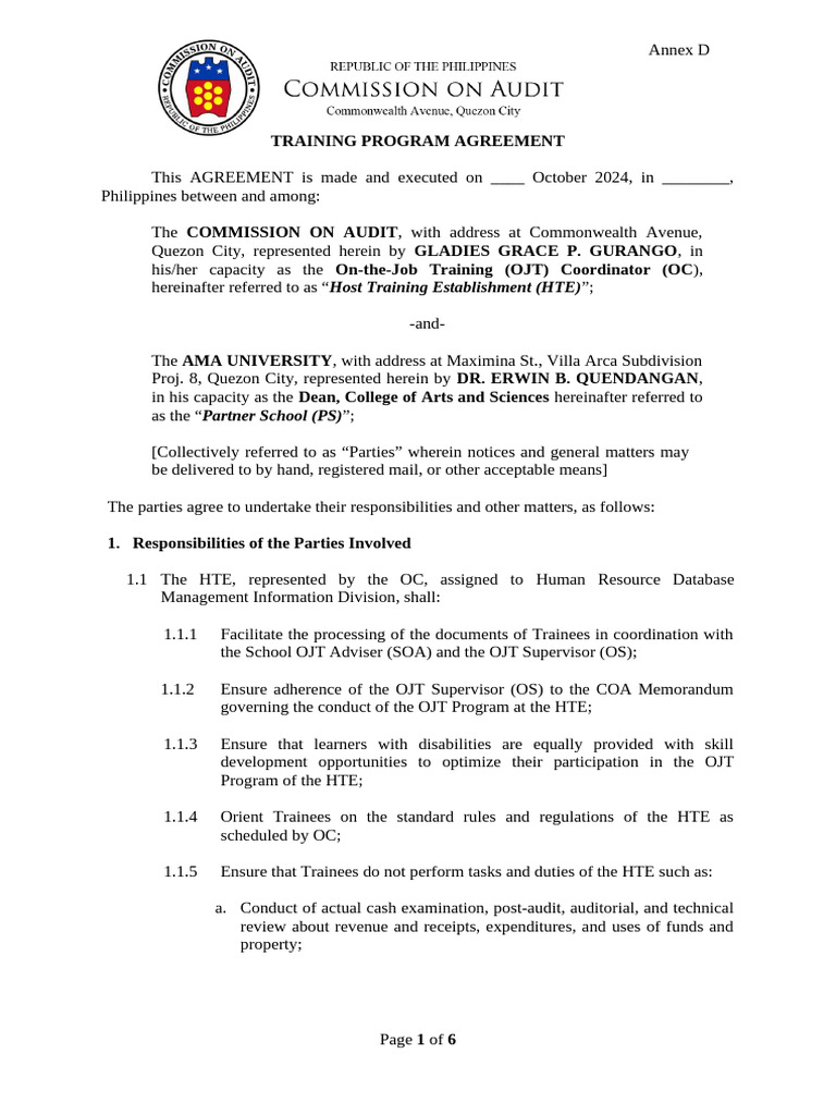 Annex D (Training Program Agreement) | PDF | Justice | Crime & Violence