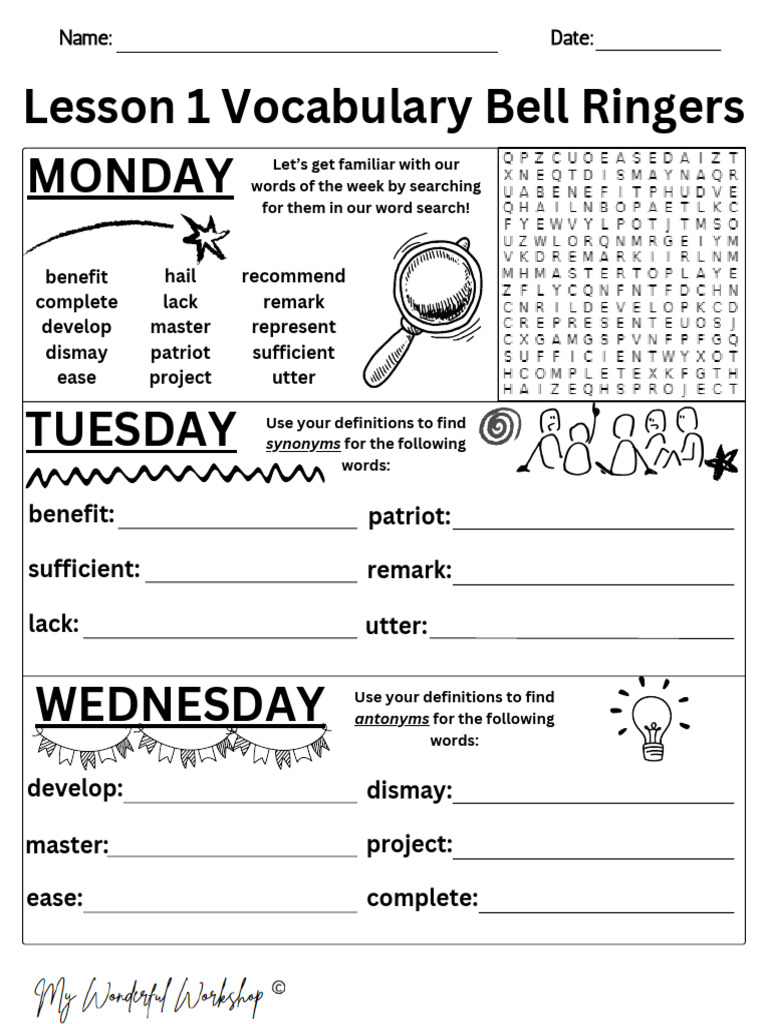 Lesson 1 Vocabulary Bell Ringers Monday: Benefit: Sufficient: Lack ...