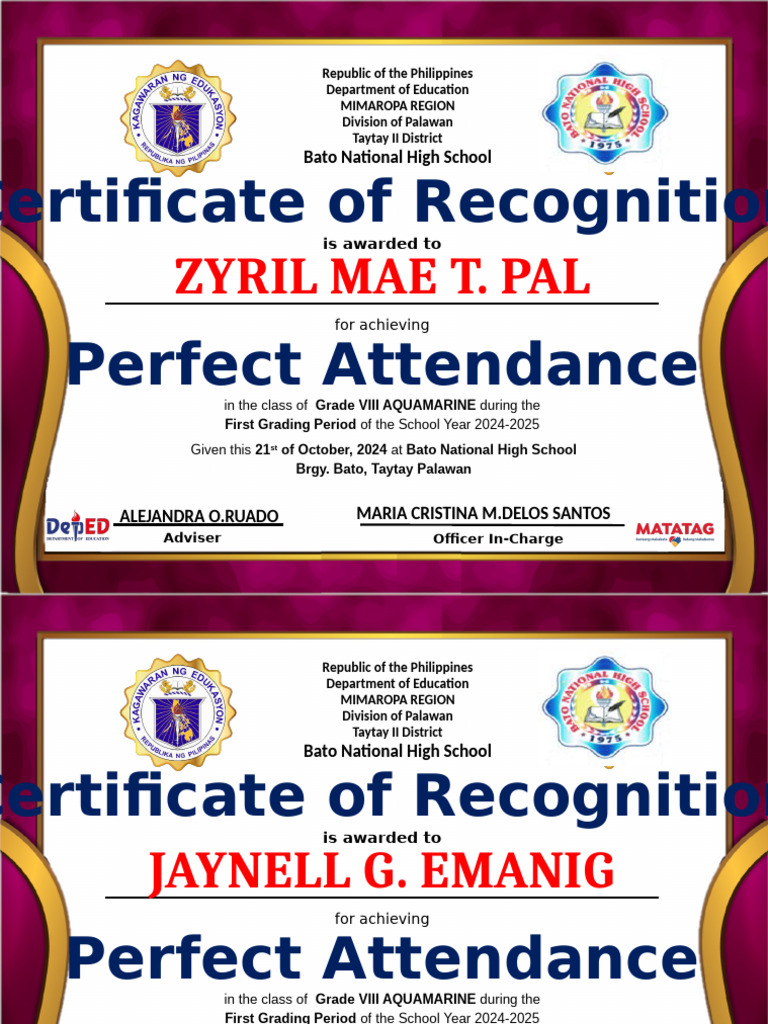 Recognition Certificate First Quarter Design 10 | PDF | Philippines ...