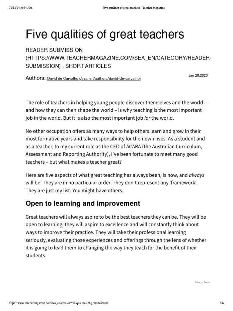 Five Qualities of Great Teachers - Teacher Magazine | PDF | Teachers | Learning