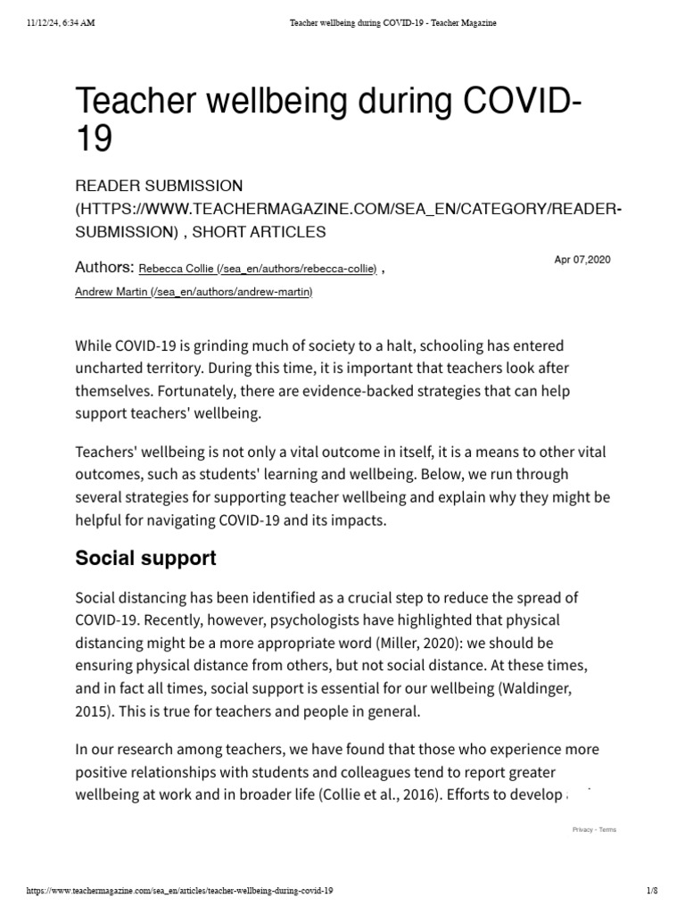Teacher Wellbeing During COVID-19 - Teacher Magazine | PDF | Teachers ...