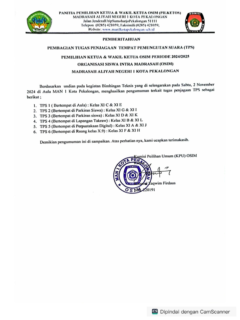 Pembagian Tugas Penjagaan TPS PILKETOS 2024 | PDF