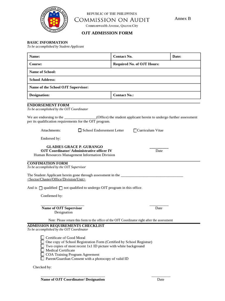 Annex B OJT Admission Form | PDF