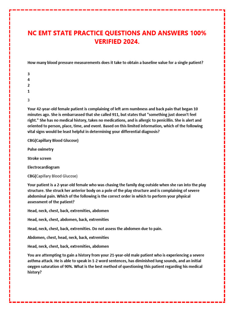 NC EMT Practice Questions 2024 Guide | PDF | Respiratory System | Lung