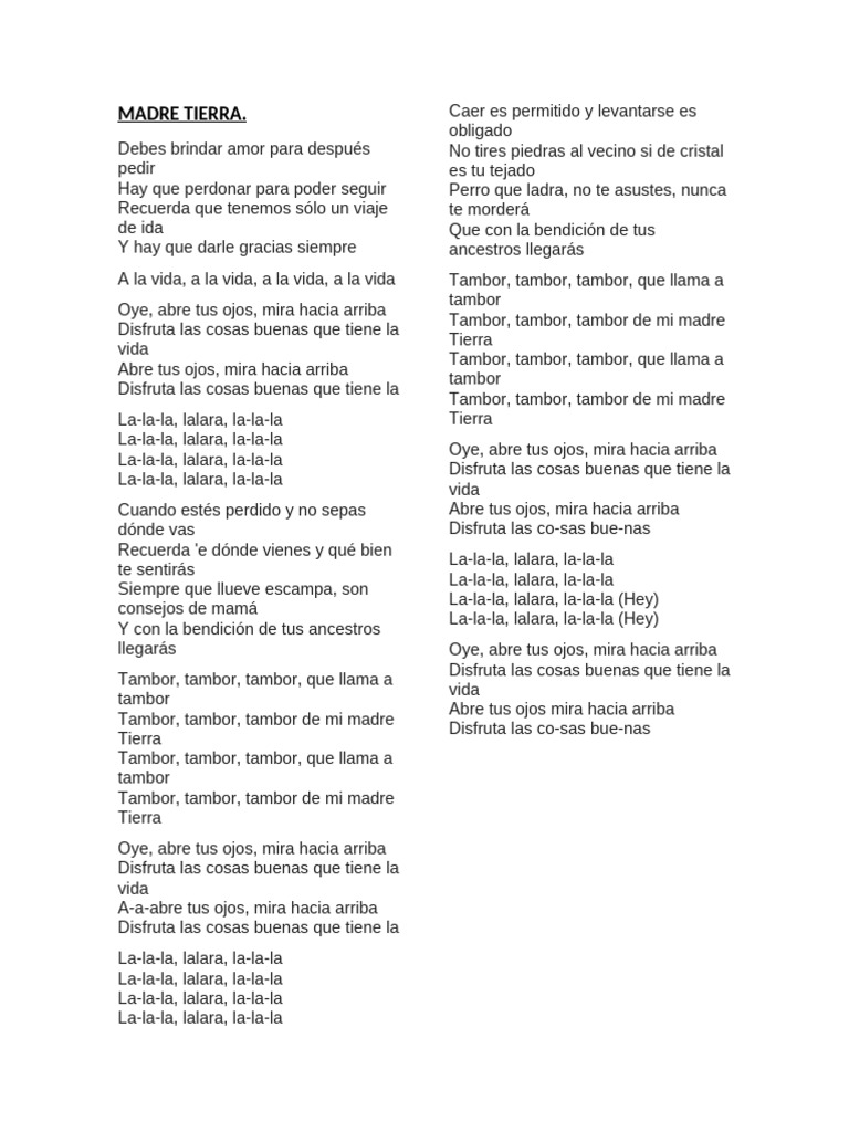 Letra de "Madre Tierra" de Chayanne | PDF