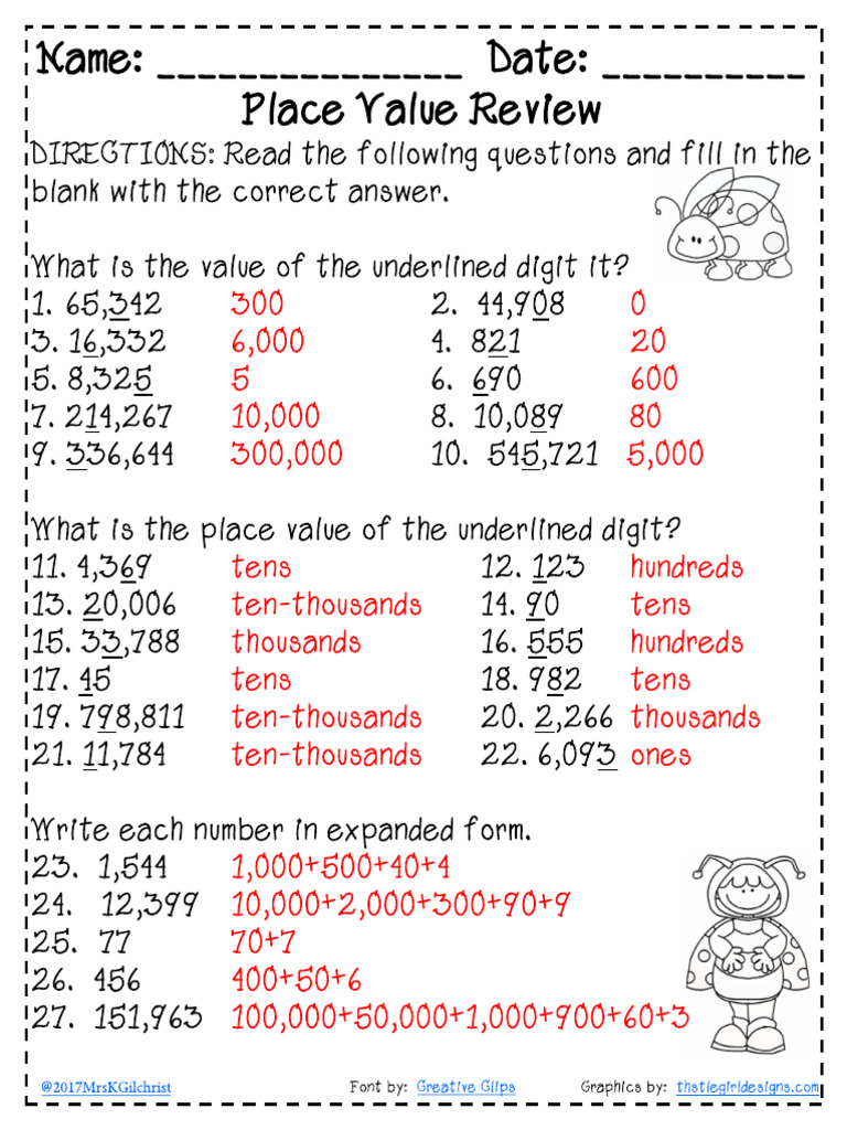 Place-Value - REVIEW TPT ANSWER KEY | PDF