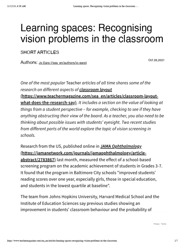 Learning Spaces - Recognising Vision Problems in The Classroom | PDF ...