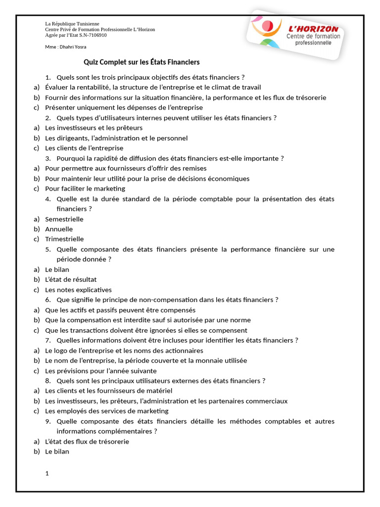 Quiz Complet Sur Les États Financiers: Mme: Dhahri Yosra | PDF | Bilan comptable | Comptabilité