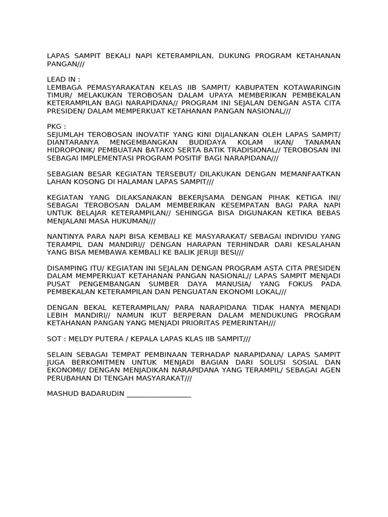 Lapas Sampit Bekali Napi Keterampilan, Dukung Program Ketahanan Pangan | PDF