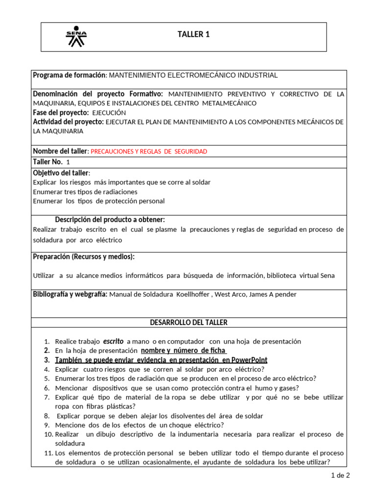 Taller 1 Precauciones y Reglas de Seguridad Trim Iv 2024 | PDF ...