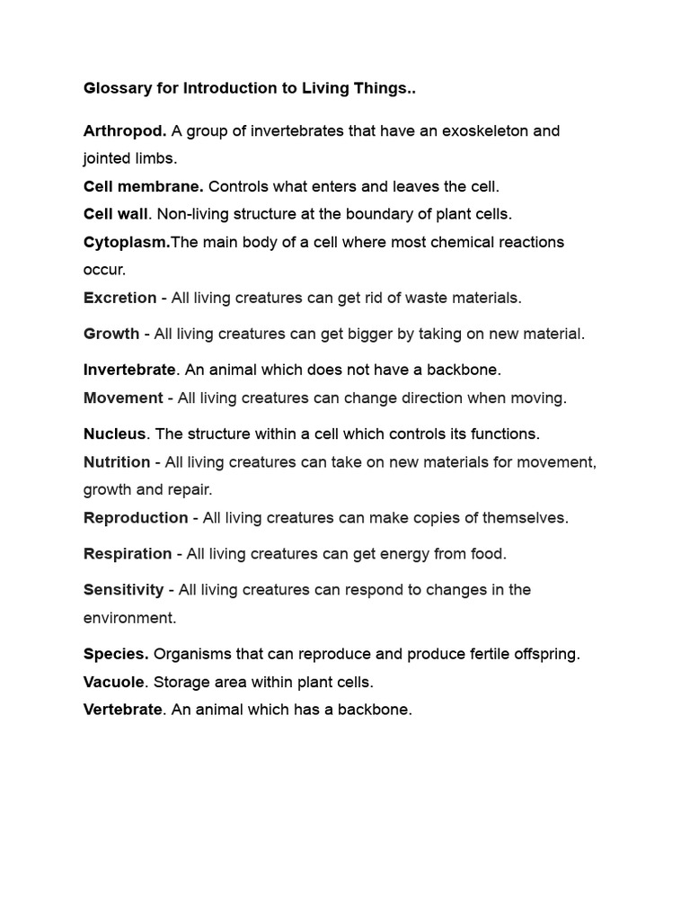 Glossary For Introduction To Living Things | PDF