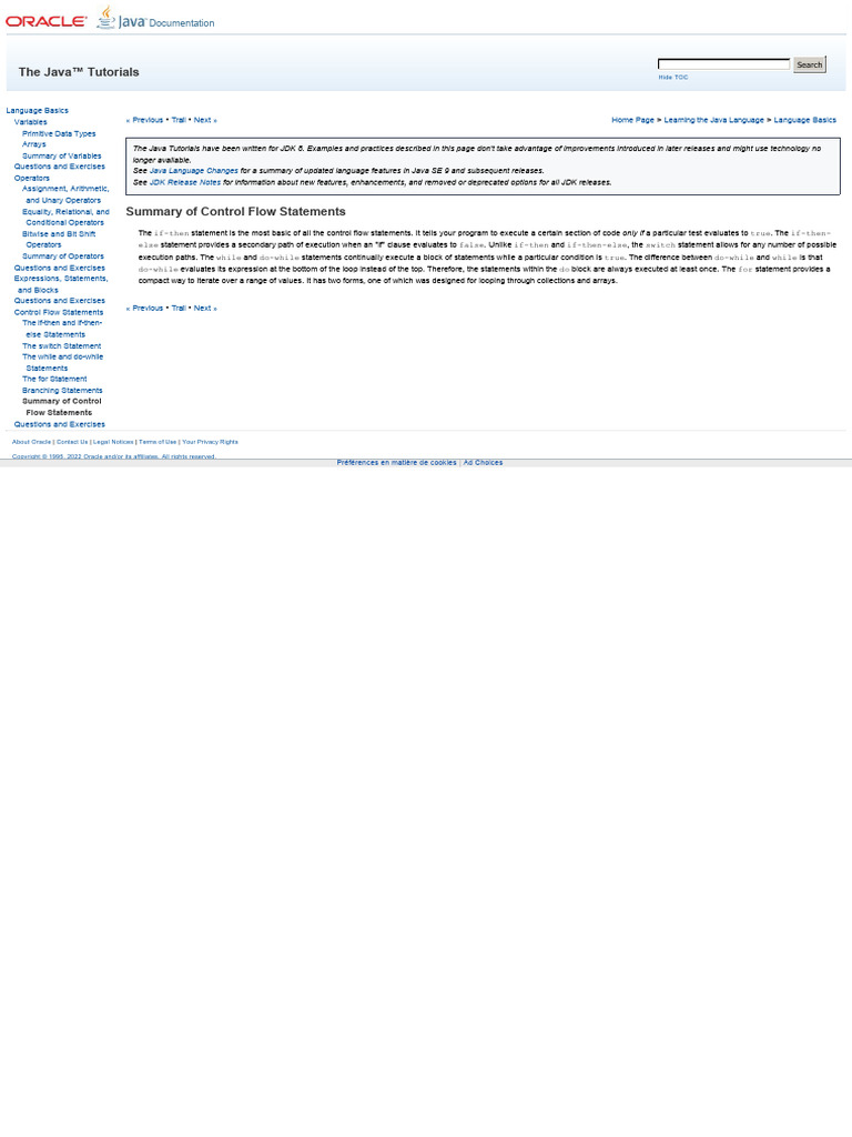 Summary Of Control Flow Statements The Java™ Tutorials Learning The Java Language Language