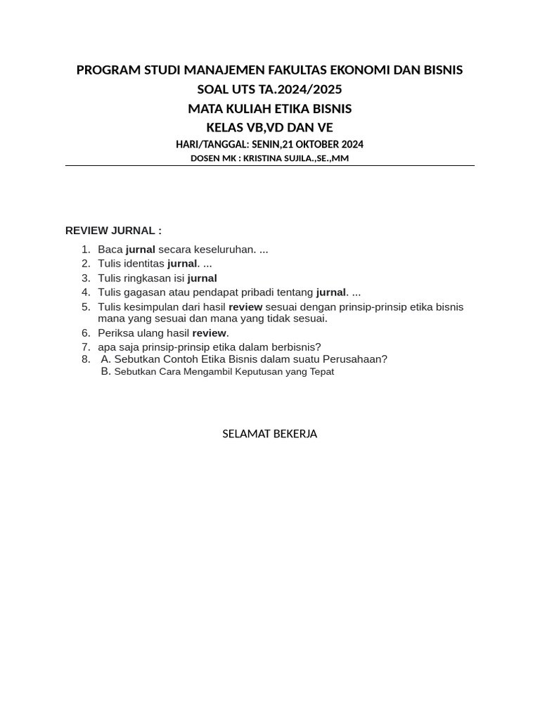 Soal Uts Etika Bisnis Kelas V B, D, e | PDF | Bisnis