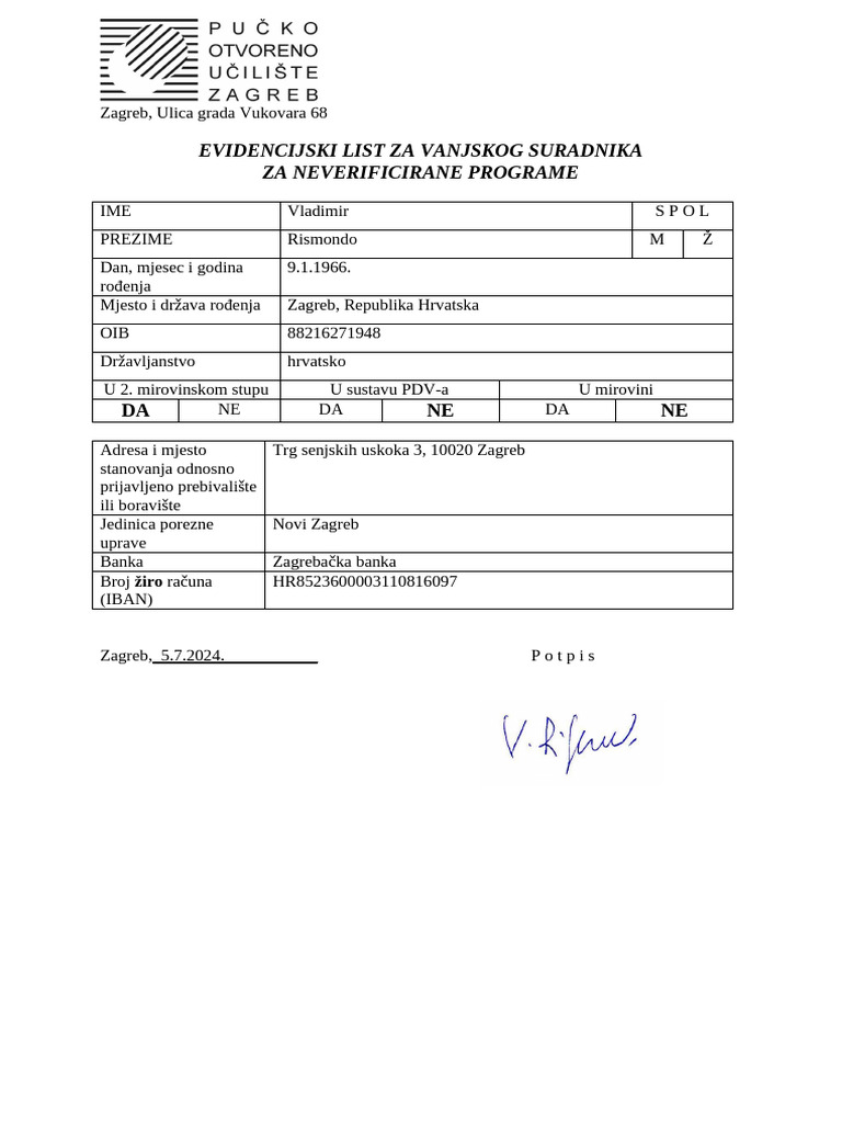 Rismondo - EVIDENCIJSKI LIST ZA VANJSKOG SURADNIKA NEVERIFICIRANI ...