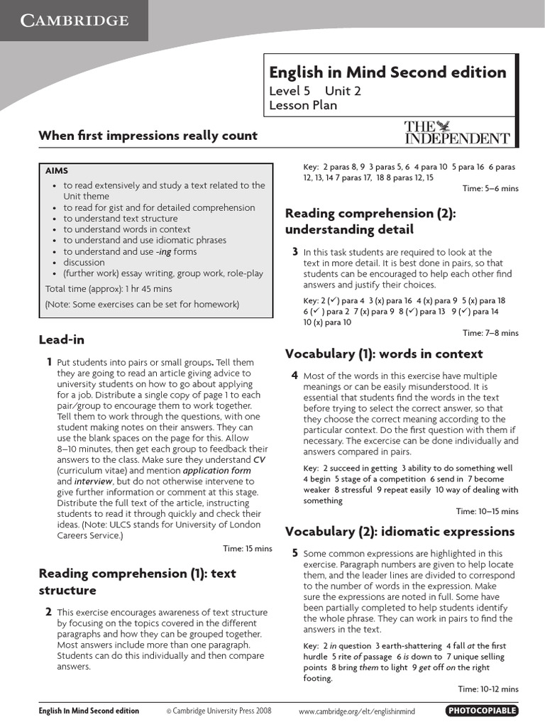 English in Mind2 Level5 Unit2 Extra Reading Practice Lesson Plan | PDF