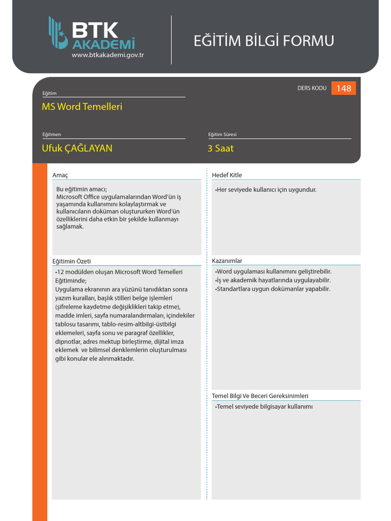 MS Word Temelleri E - Itim Bilgi Formu | PDF