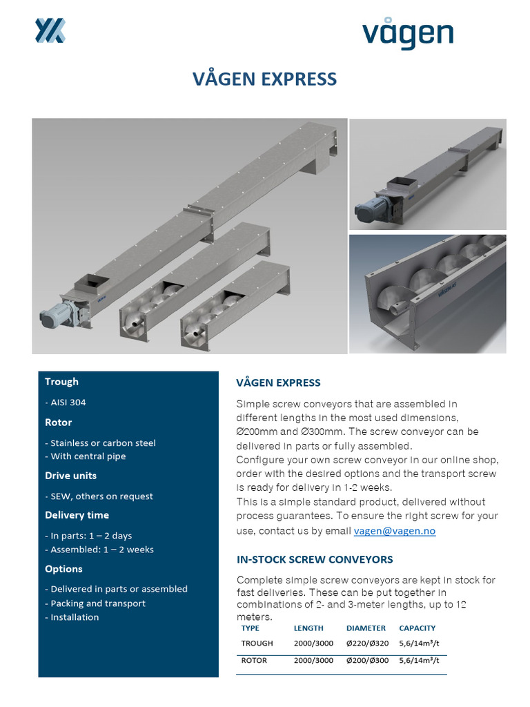VÅGEN Express Screw Conveyors | PDF | Screw | Pipe (Fluid Conveyance)
