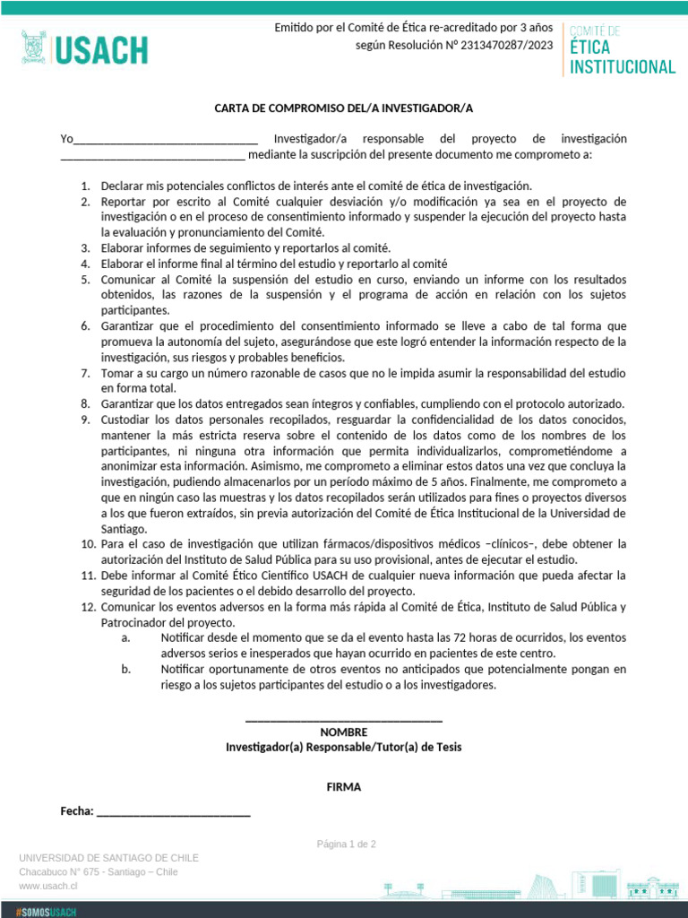 Modelo Carta Compromiso Investigador o Investigadora | PDF ...