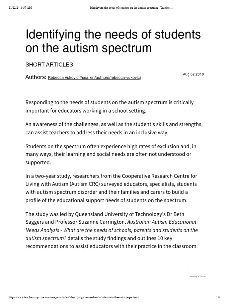 Identifying The Needs of Students On The Autism Spectrum - Teacher ...
