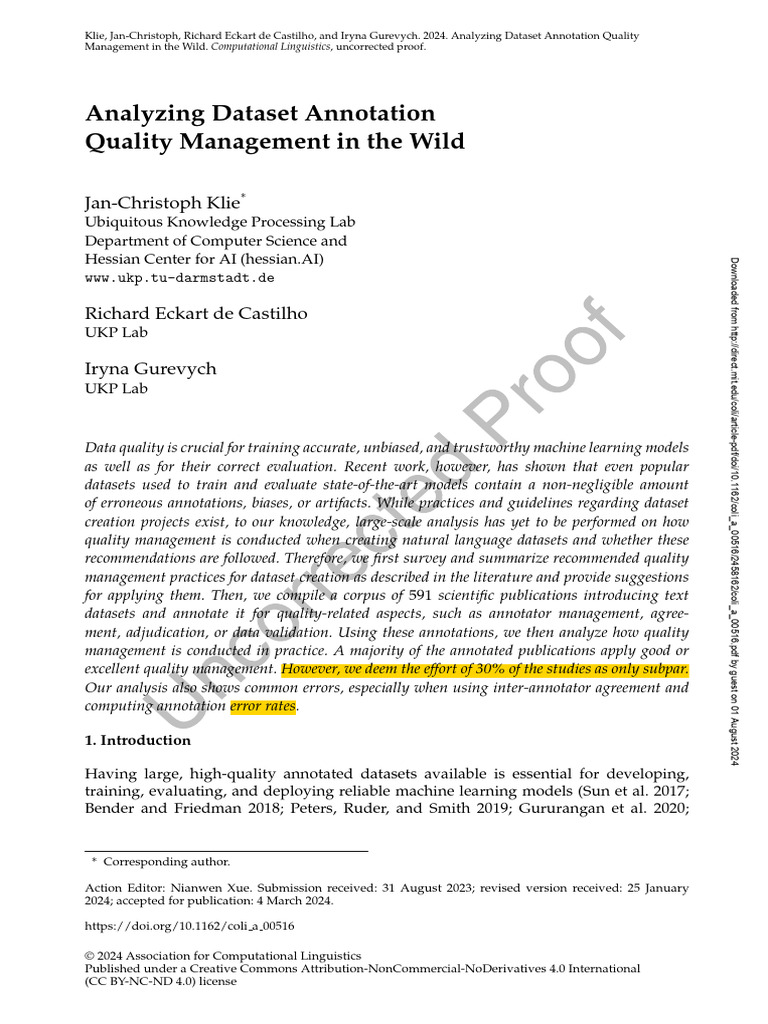 Klie Et Al. - 2024 - Analyzing Dataset Annotation Quality Management in | PDF | Annotation | Data