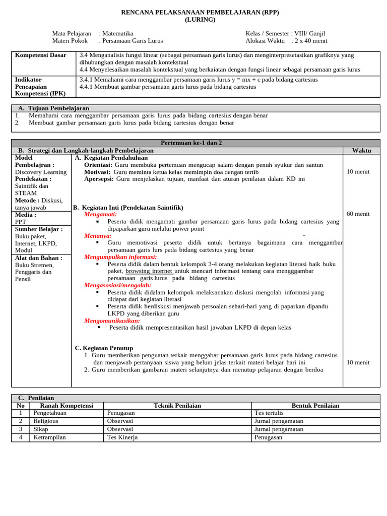 RPP Persamaan Garis Lurus (Luring) | PDF