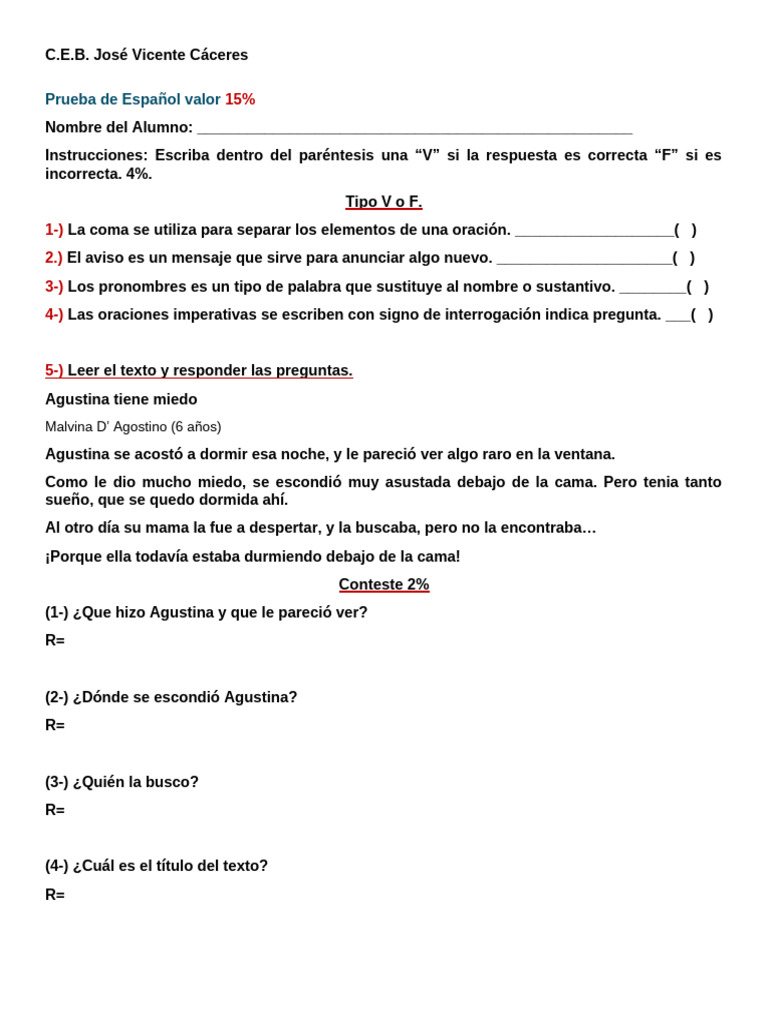 Prueba de Español Valor 15 | PDF